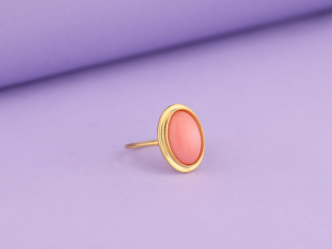 14K Solid Gold Pink Coral Ring, Natural Gemstone Ring, Minimalist ...