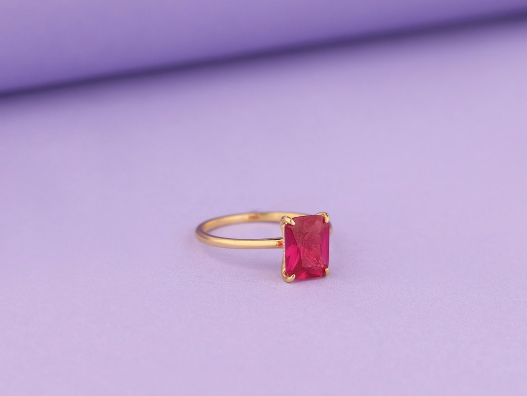 14K Gold Radiant Cut Ruby Wedding Ring, Red Gemstone Solitaire Ring ...