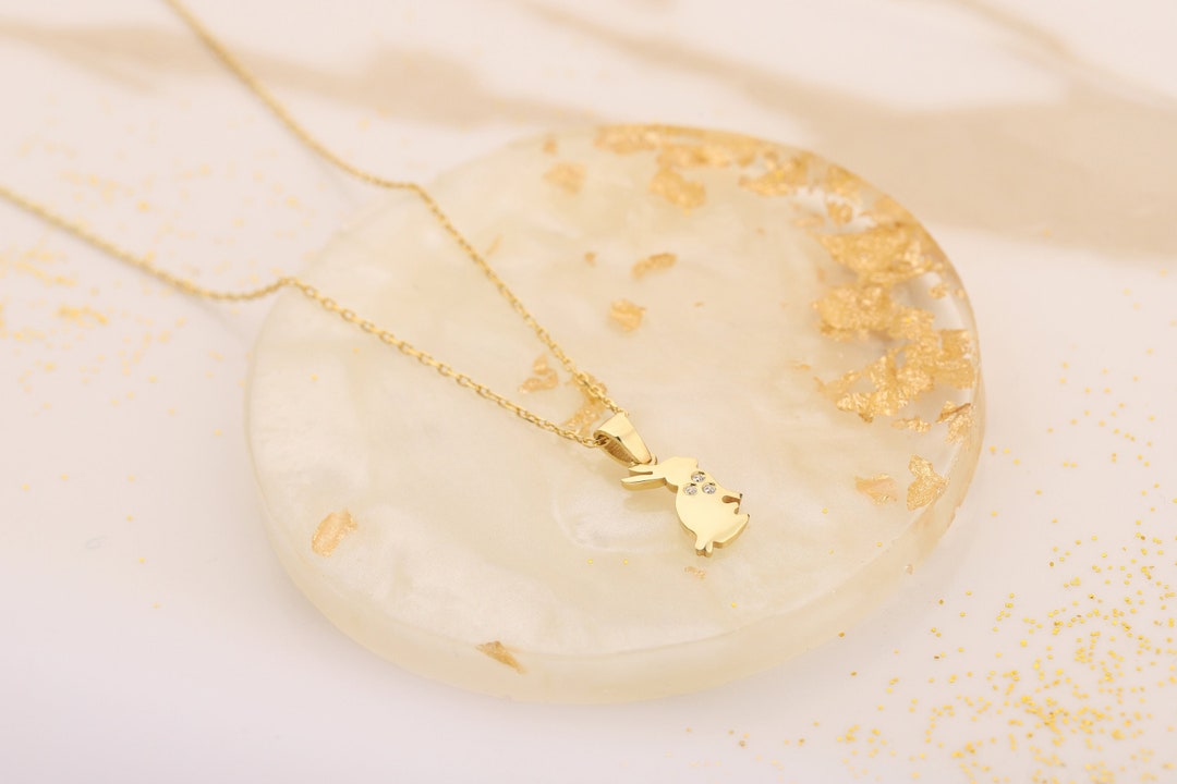 14K Gold Bunny Diamond Necklace, Solid Gold Rabbit Pendant, Dainty ...