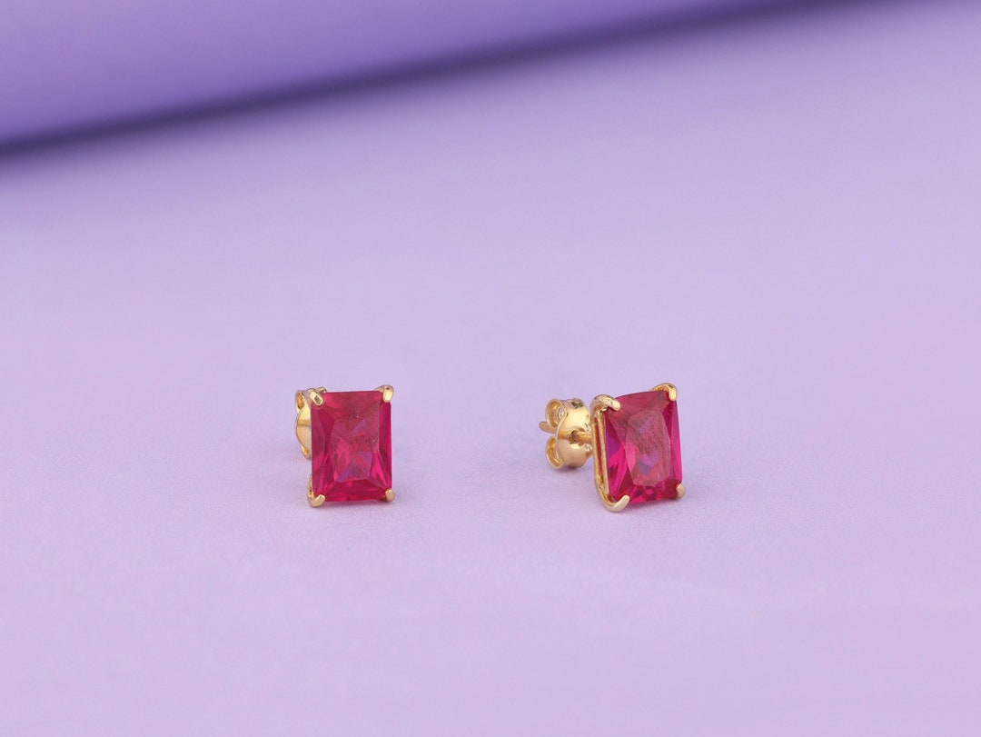 14K Gold Radiant Cut Ruby Earrings, Engagement Jewelry, Solitaire ...