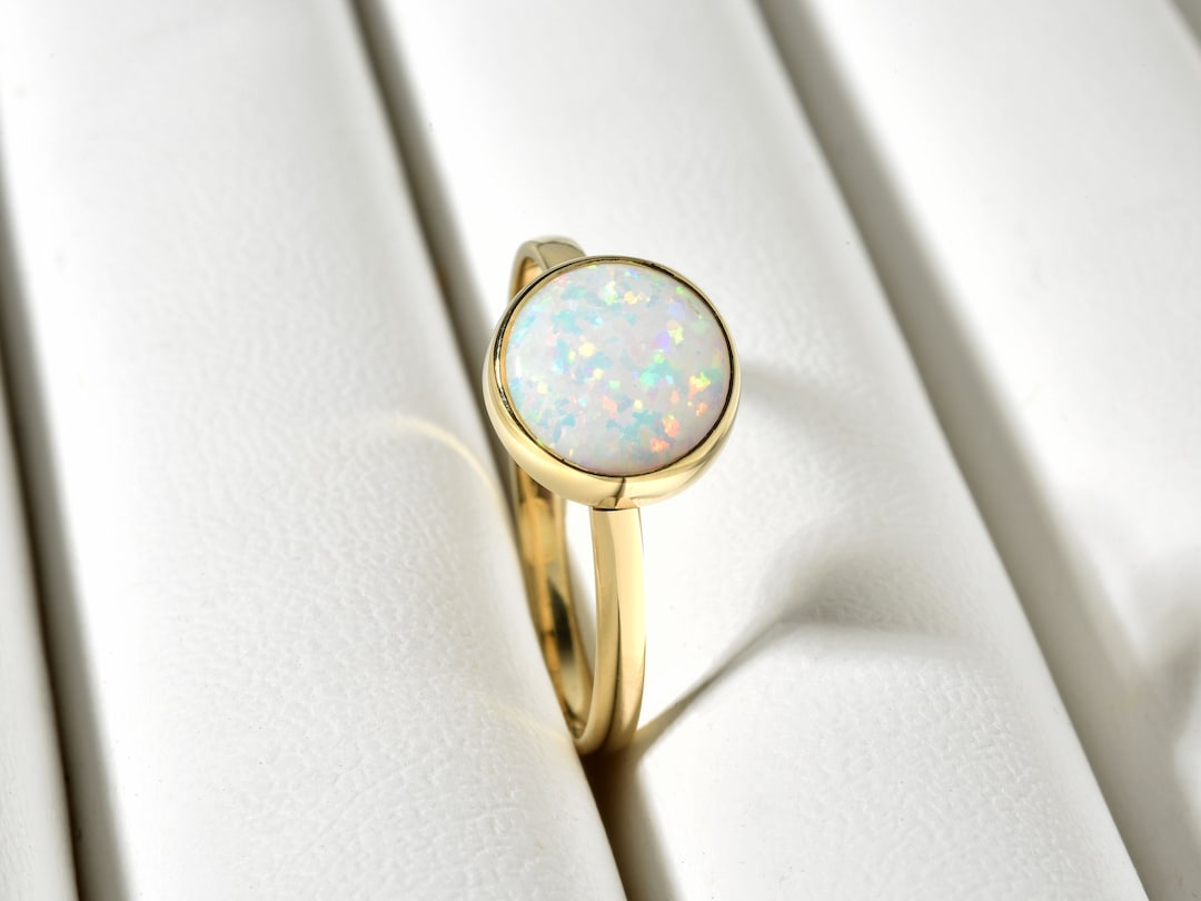 Large Round White Opal Ring in 14K 18K Gold or Sterling Silver for Engagement, Promise Ring for ...