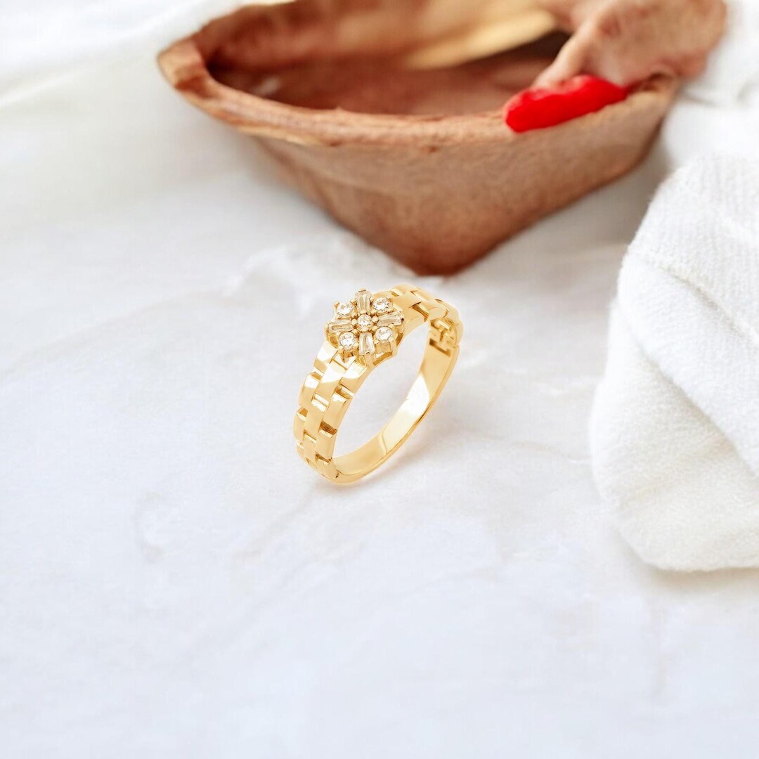 14K Gold Flower Statement Ring With Sparkling Cubic Zirconia, Elegant Jewelry for Women, Perfect ...