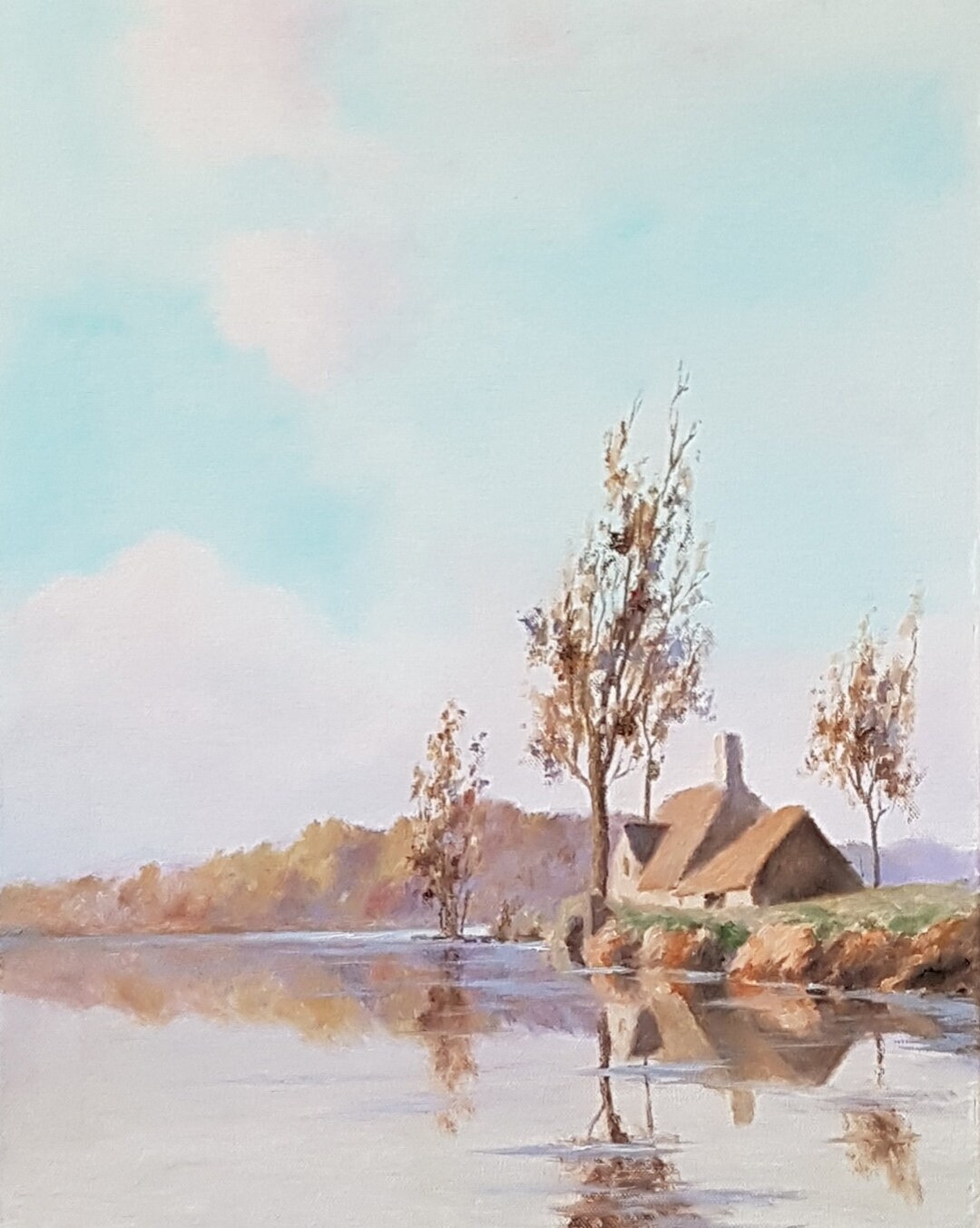 Landscape With a Lake Oil Painting Calm Lake Quiet Morning Lake House ...