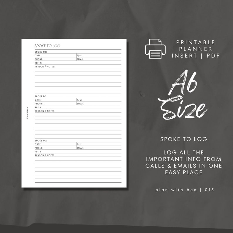 015 | Spoke to Log | Printable Planner Insert | A6 | Plan With Bee ...