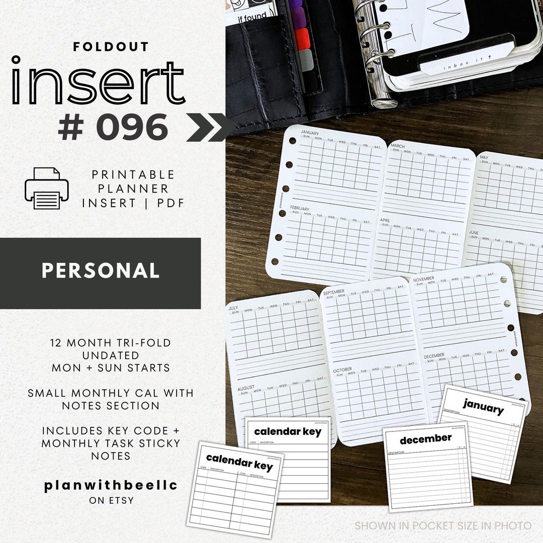 096 | 12-month Tri-foldout UNDATED | Printable Planner Insert | Key ...