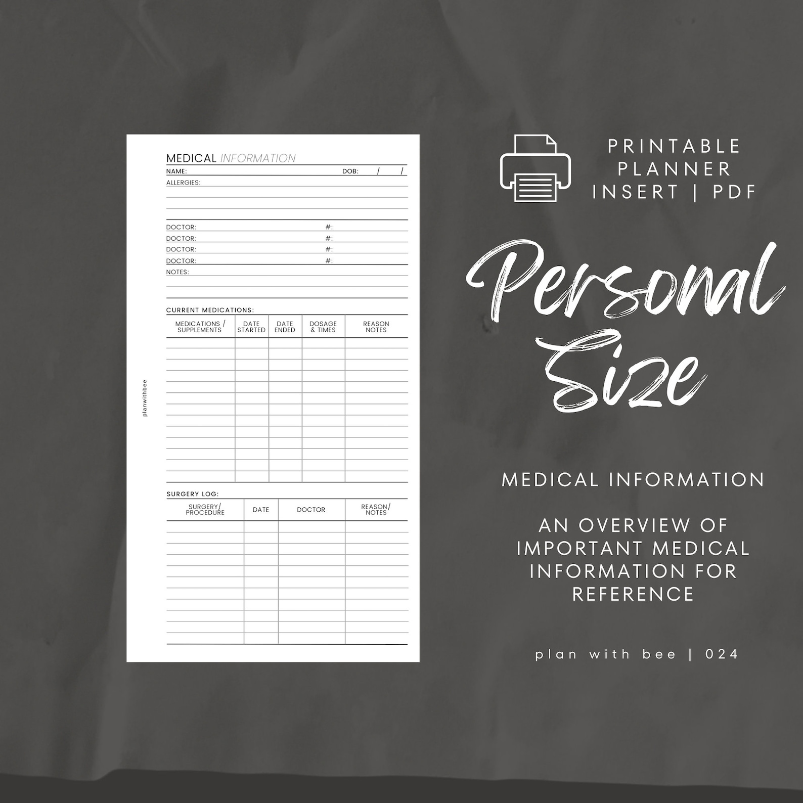 024 | Medical Information Overview | Printable Planner Insert ...