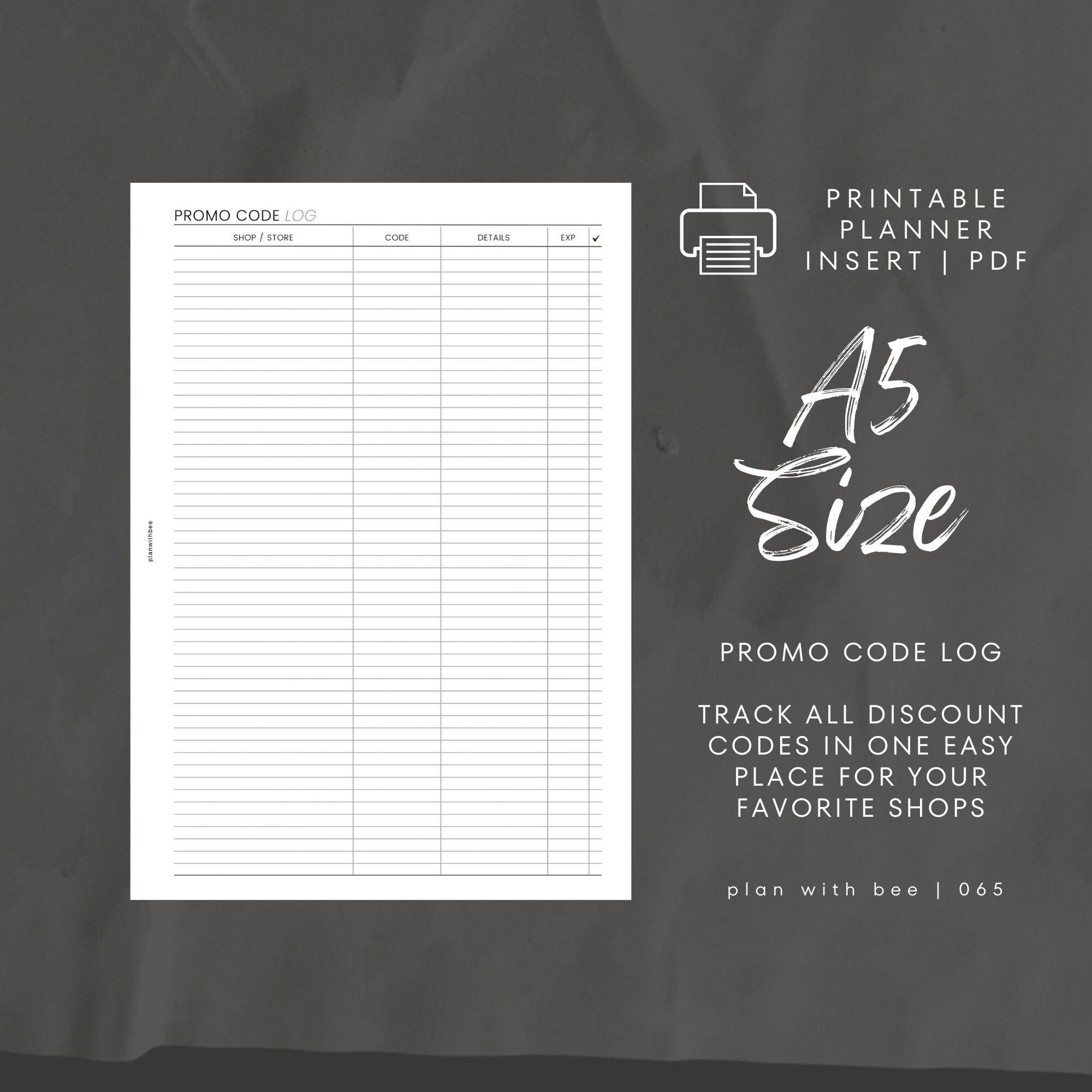 065 Promo Code Log Printable Planner Insert A5 Plan - Etsy