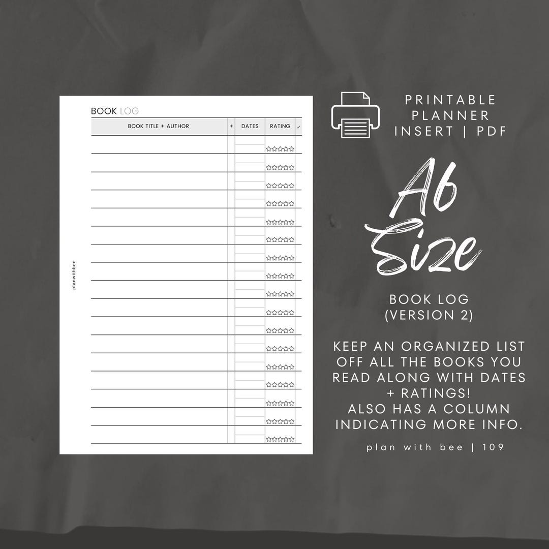 109 | Book Log V2 | Wide Lines | Printable Planner Insert | A6 | Plan ...