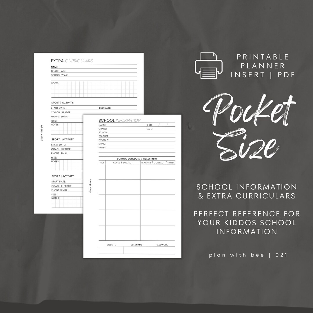 021 | School Information & Extra Curriculars | Printable Planner Insert ...