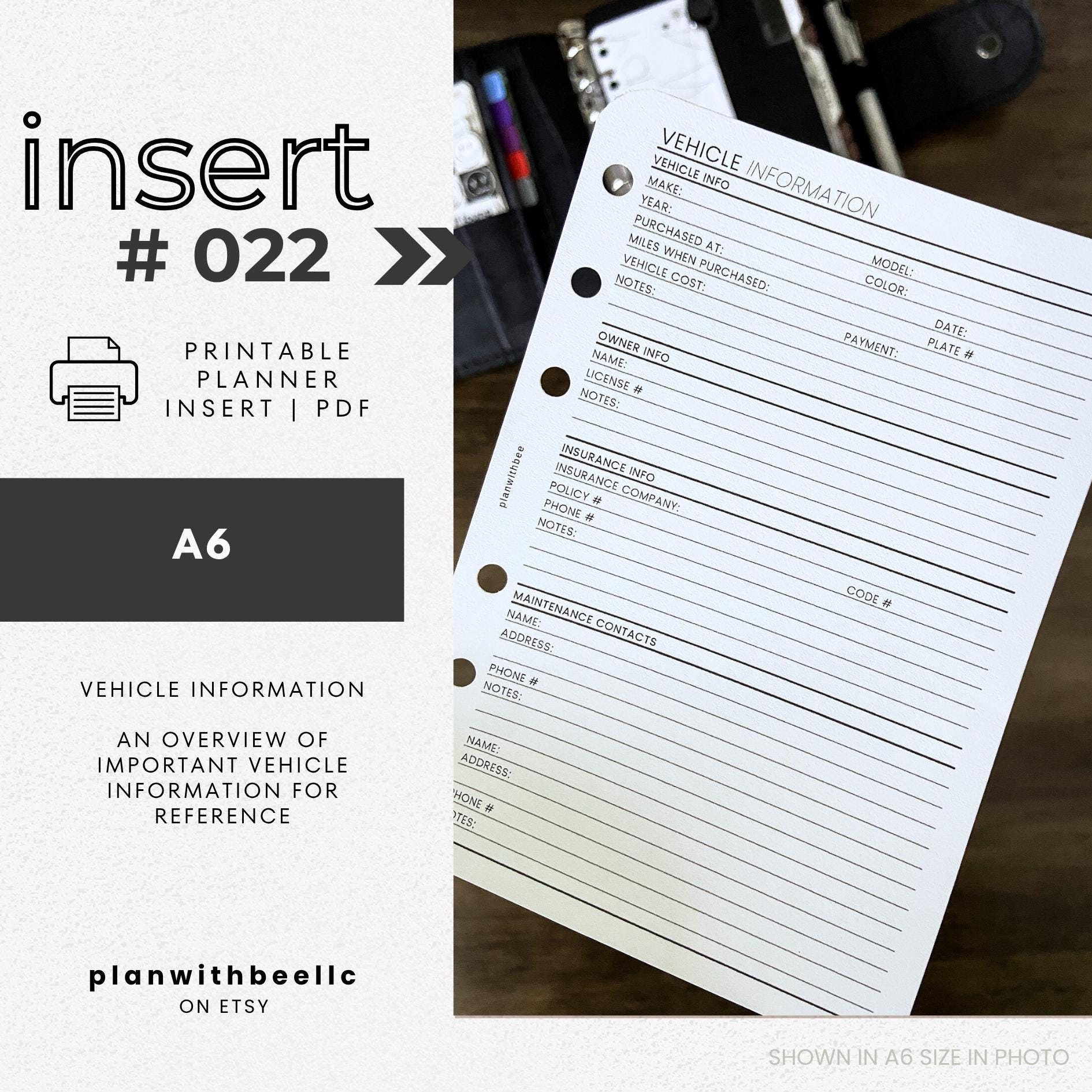 022 | Vehicle Information Overview | Printable Planner Insert | A6 ...