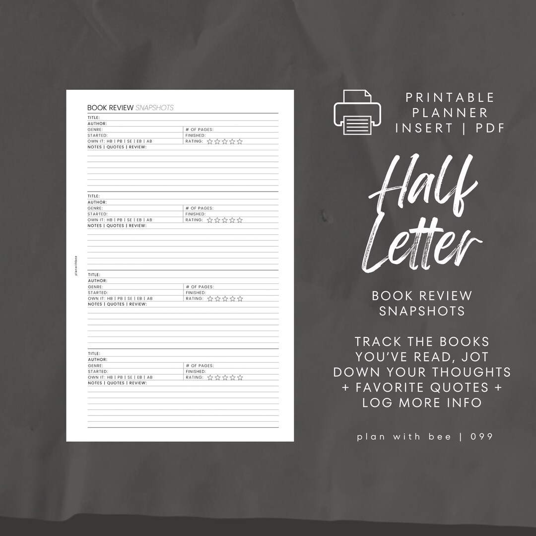 099 | Book Review Snapshots | Printable Planner Insert | HALF LETTER ...