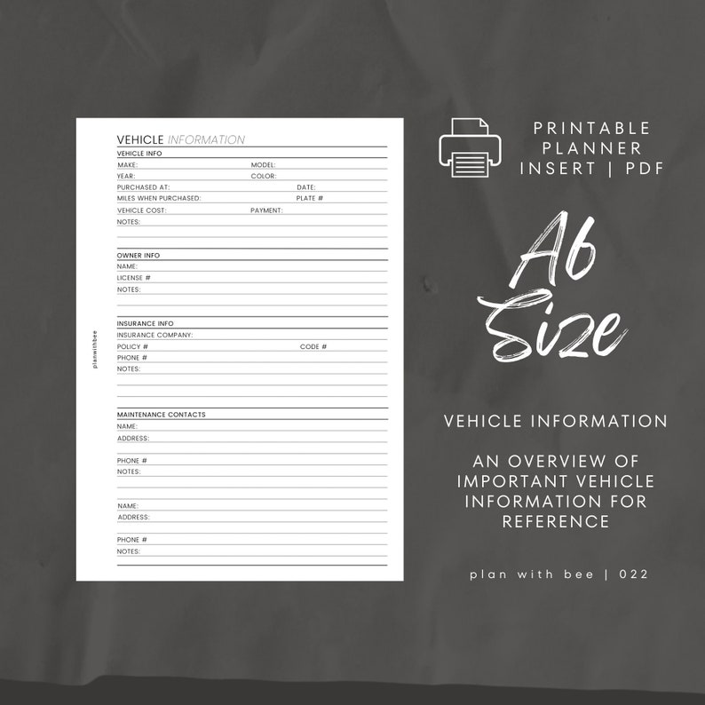 022 | Vehicle Information Overview | Printable Planner Insert | A6 ...