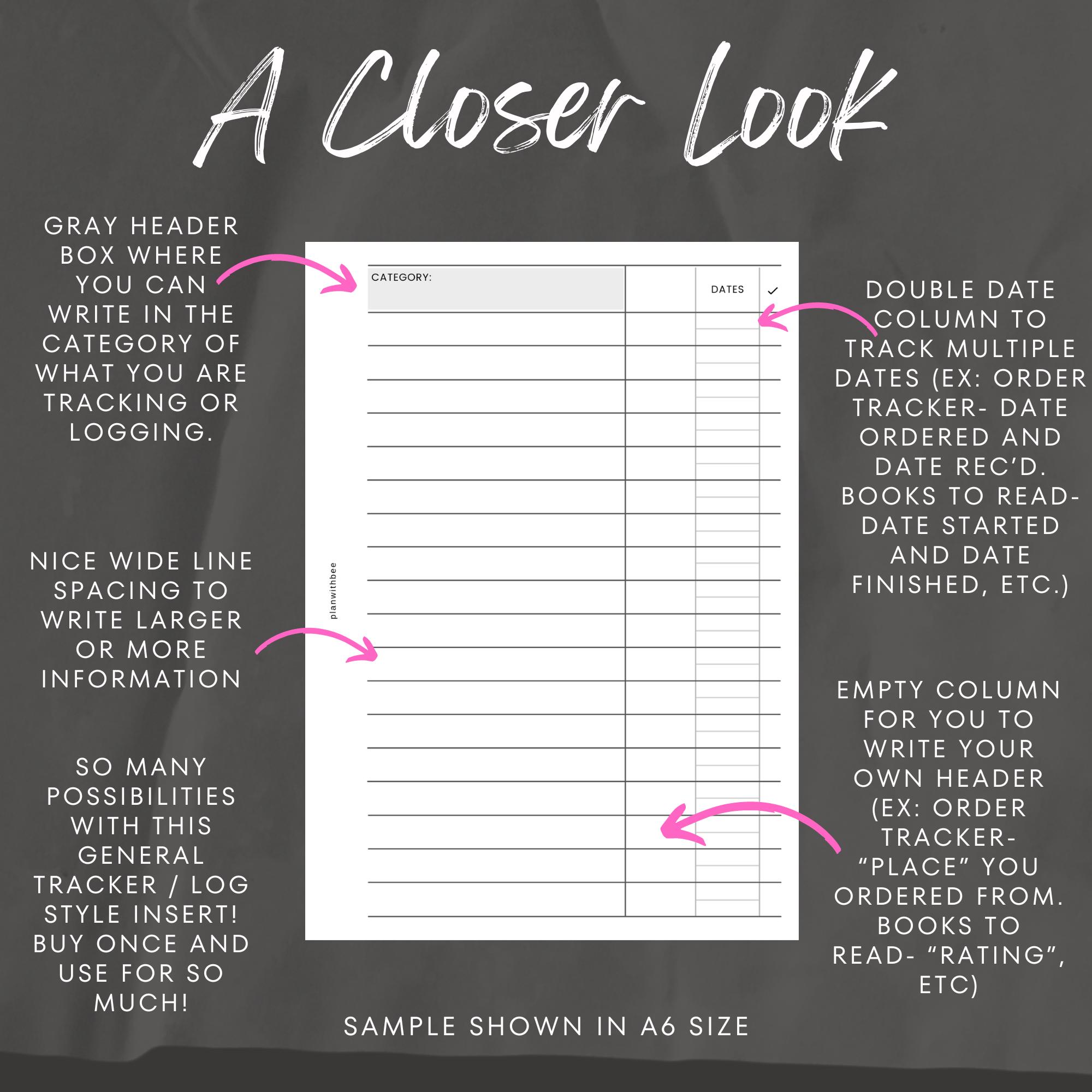 106 | General Tracker Log | Wide Lines | Vertical Tracker | Printable ...