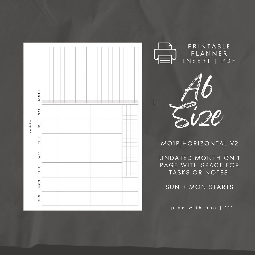 111 | MO1P | Horizontal V2 | Undated | Printable Planner Insert | A6 ...