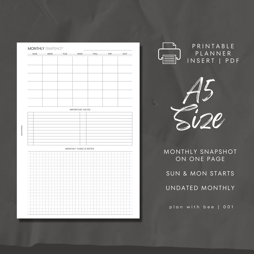 001 | Monthly Snapshot | Undated MO1P V1 | Sun & Mon Starts | Printable ...