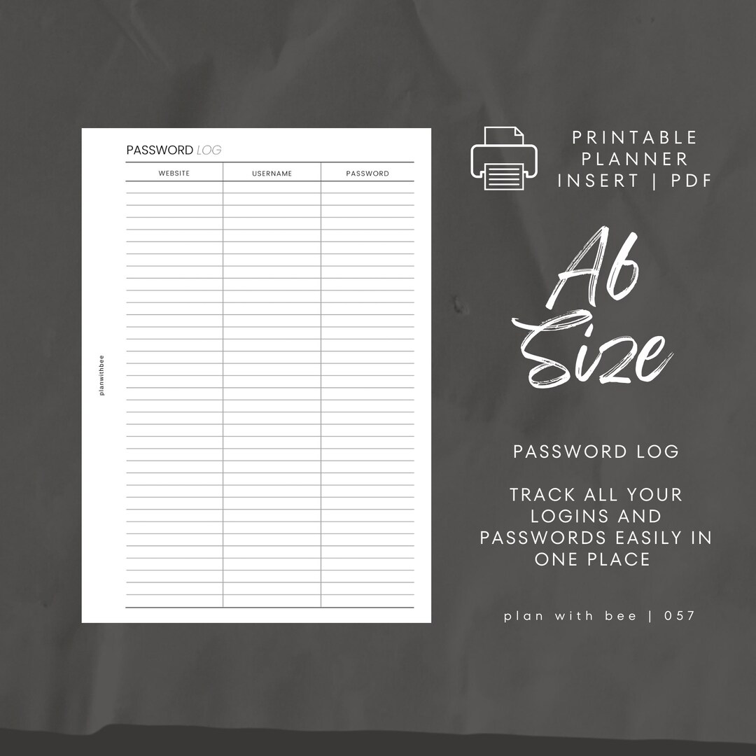 057 | Password Log | Printable Planner Insert | A6 | Plan With Bee ...