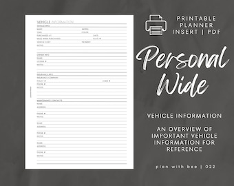 022 Vehicle Information Overview Printable Planner Insert A6 Plan With ...