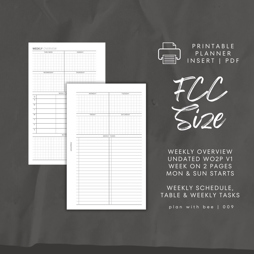 009 | Weekly Overview | Undated WO2P V1 | Mon & Sun Starts | Printable ...