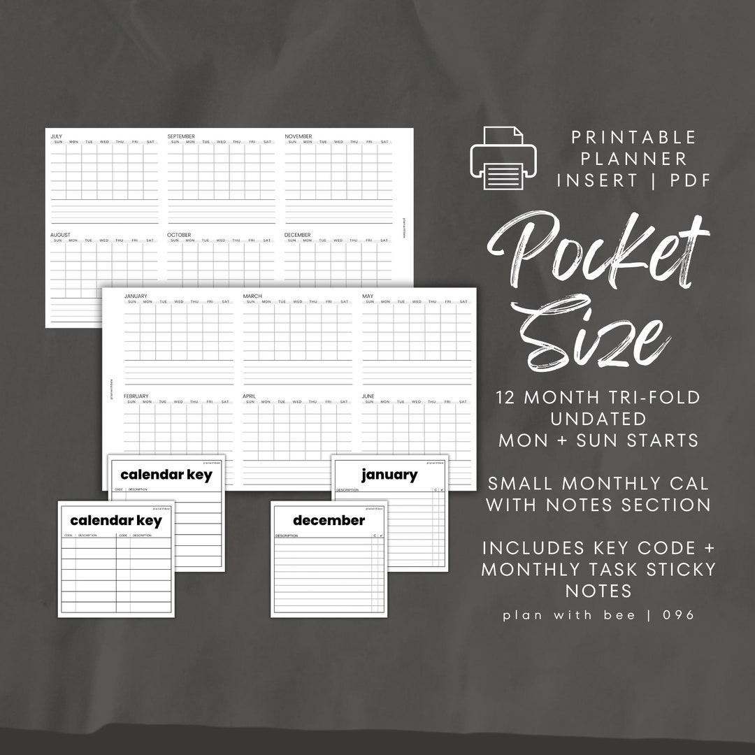 096 | 12-month Tri-foldout UNDATED | Printable Planner Insert | Key ...