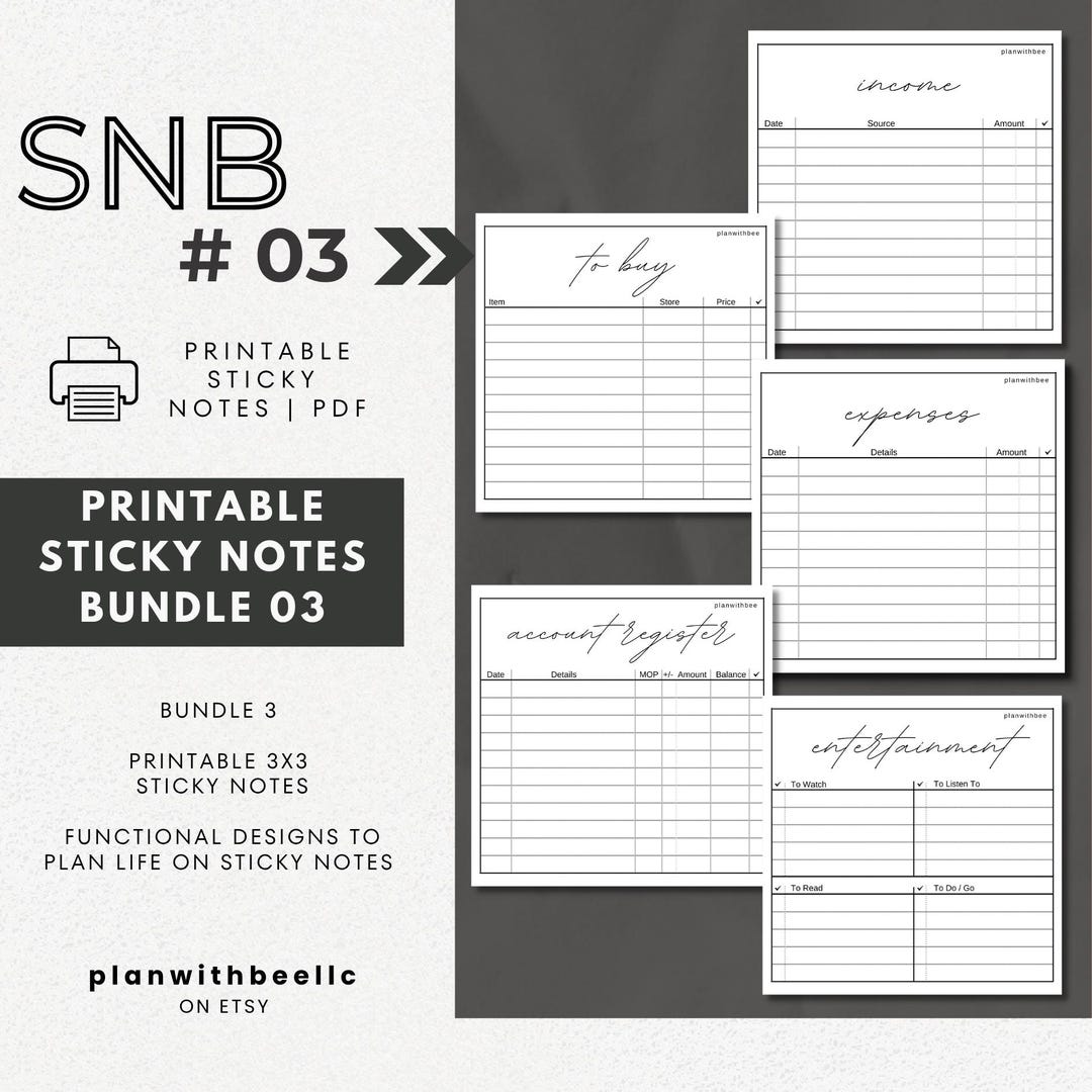 SNB3 | Printable Sticky Notes | Bundle 3 | to Buy, Expenses, Income ...