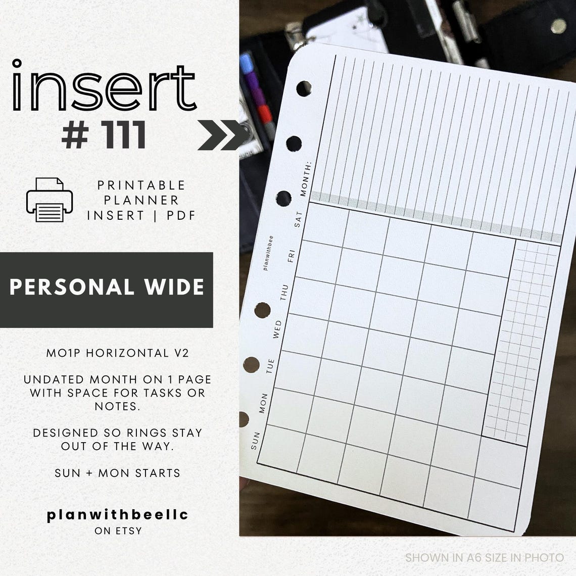 111 | MO1P | Horizontal V2 | Undated | Printable Planner Insert ...