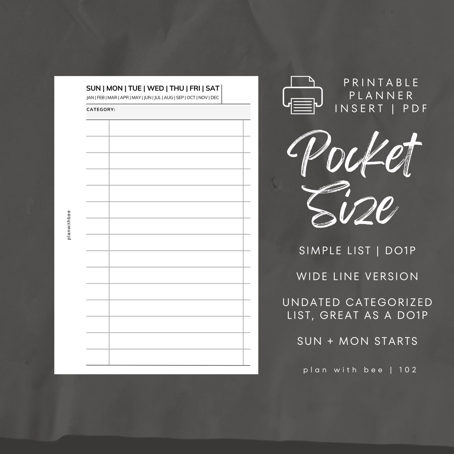 102 | Simple List | DO1P | Wide Lines | Undated | Sun + Mon Starts ...