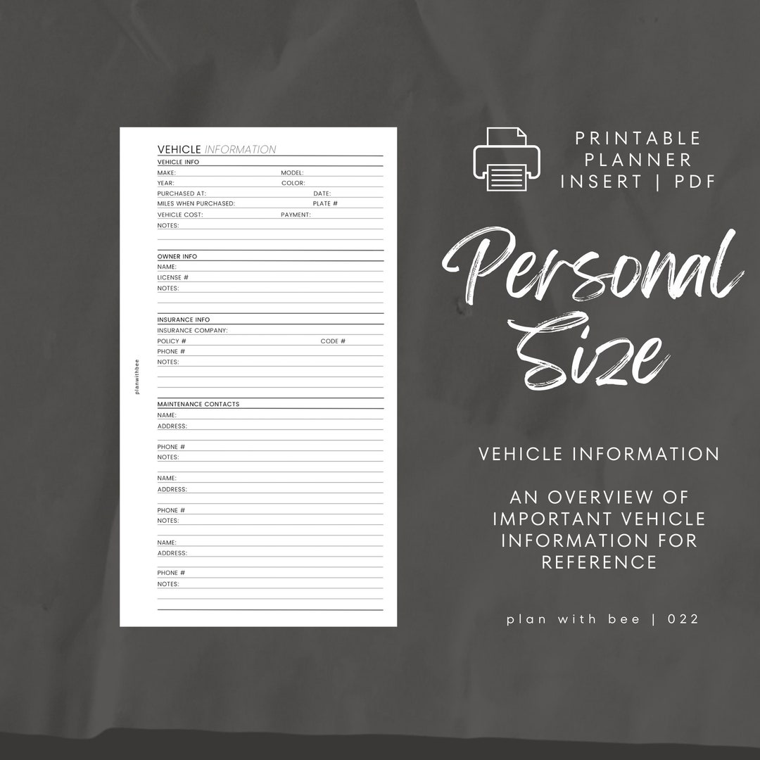 022 | Vehicle Information Overview | Printable Planner Insert ...