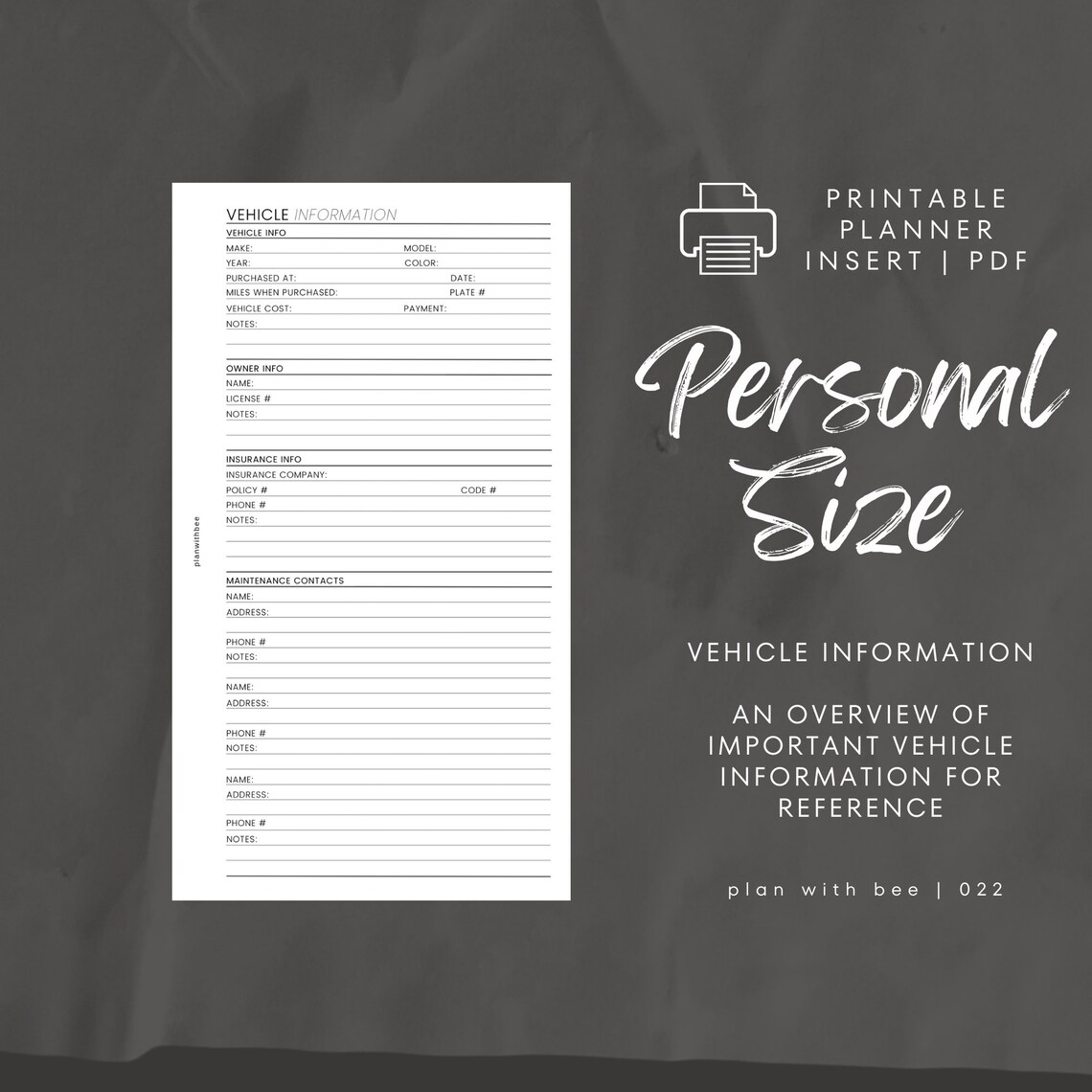 022 Vehicle Information Overview Printable Planner Insert - Etsy