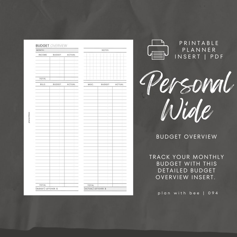 094 | Budget Overview | Printable Planner Insert | PERSONAL WIDE ...