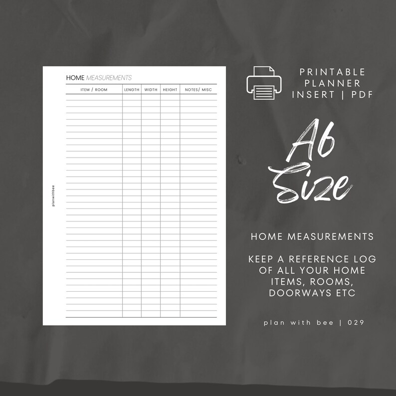 029 | Home Measurements | Printable Planner Insert | A6 | Plan With Bee ...