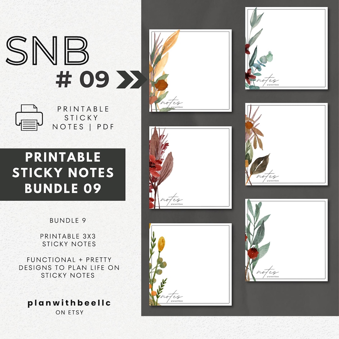 SNB9 | Printable Sticky Notes | Bundle 9 | Rustic Floral Foliage ...