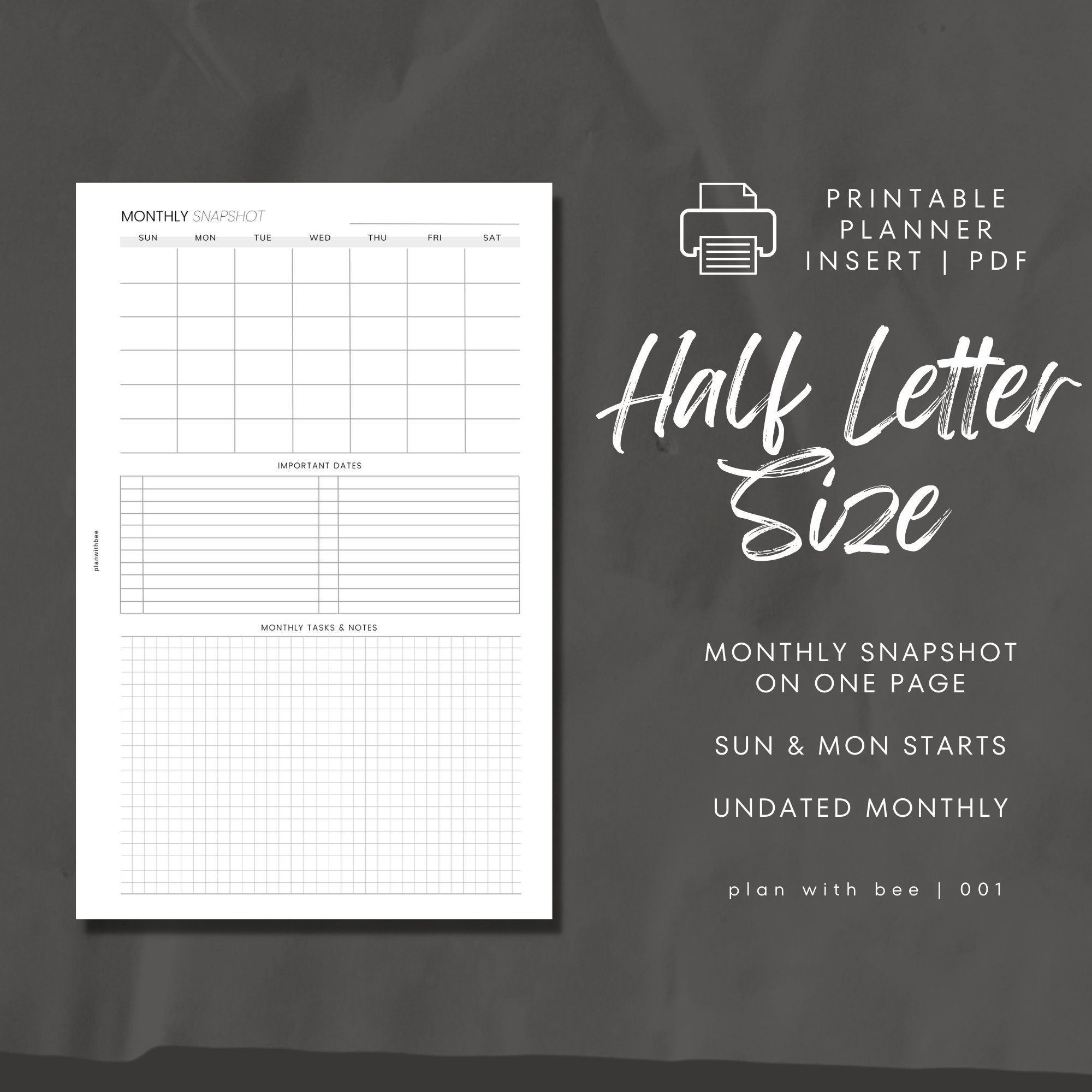 001 | Monthly Snapshot | Undated MO1P V1 | Sun & Mon Starts | Printable ...