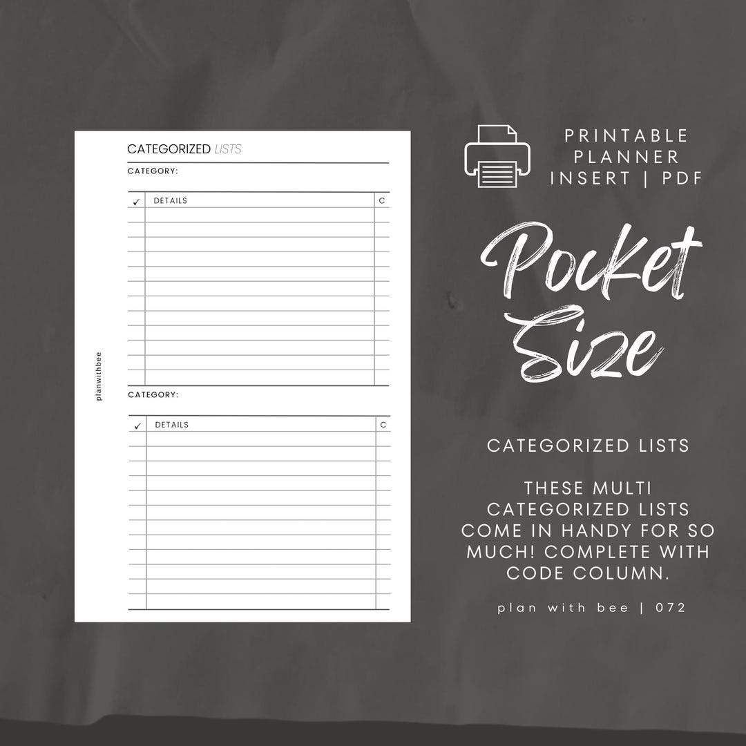 072 | Categorized Multi Lists | Coded Lists | Printable Planner Insert ...