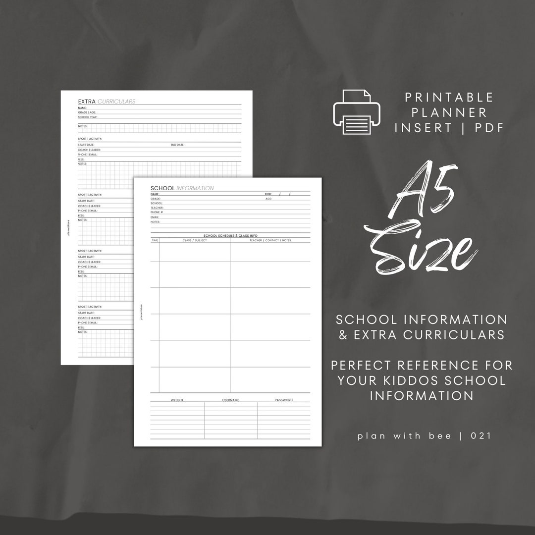 021 | School Information & Extra Curriculars | Printable Planner Insert ...