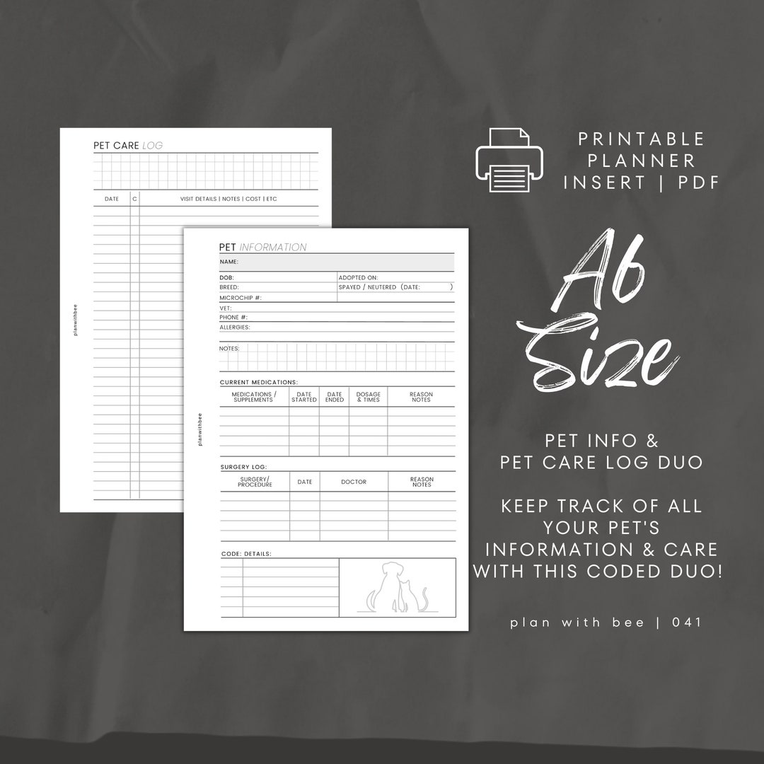 041 | Pet Info & Pet Care Log DUO | CODED Pet Care | Printable Planner ...
