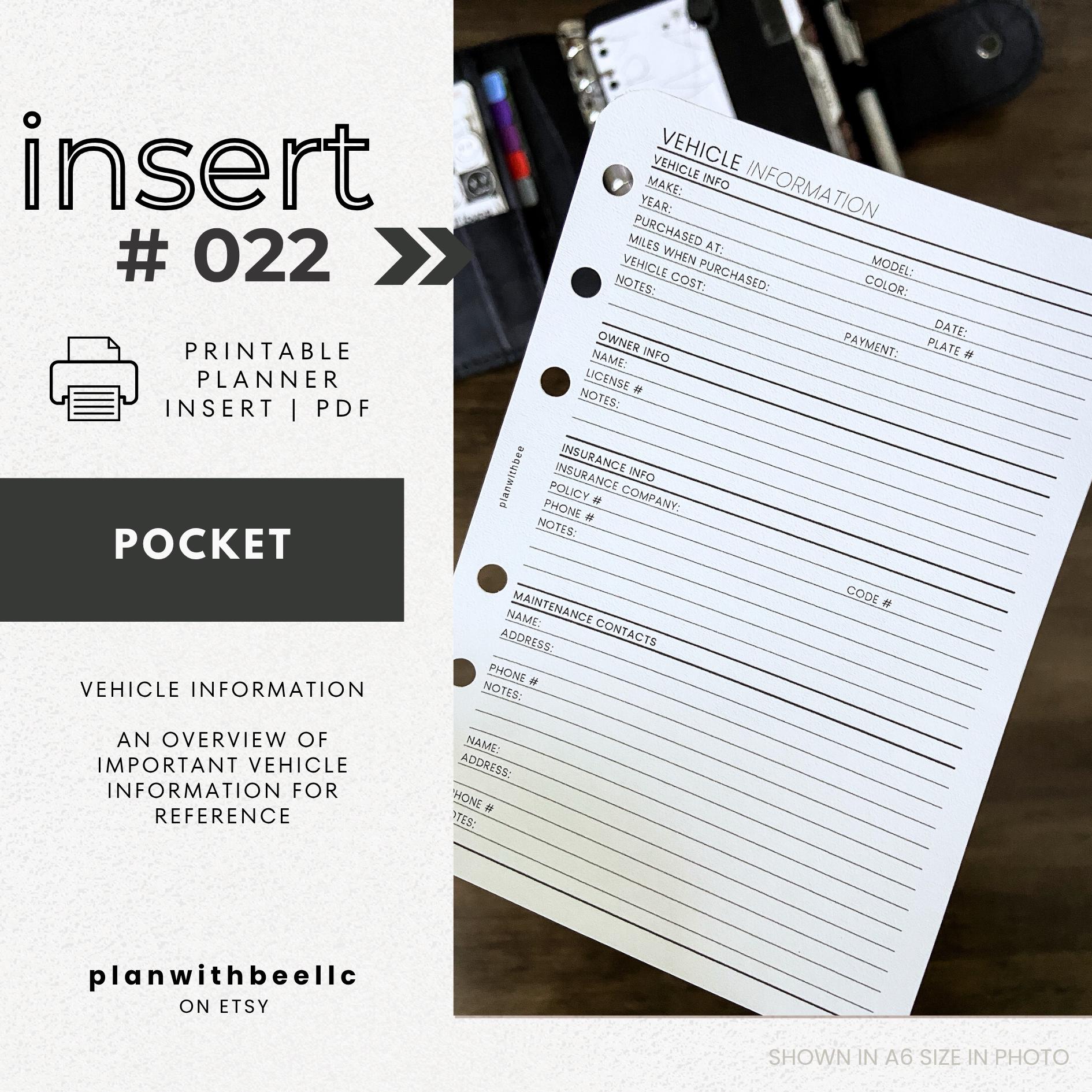 022 | Vehicle Information Overview | Printable Planner Insert | POCKET ...