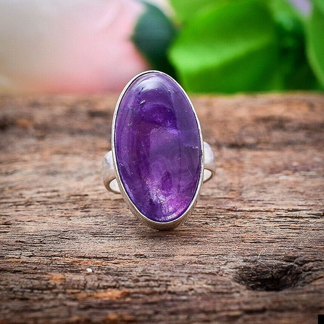 Amethyst Stone Ring Oval Stone Ring Natural Gemstone Silver - Etsy