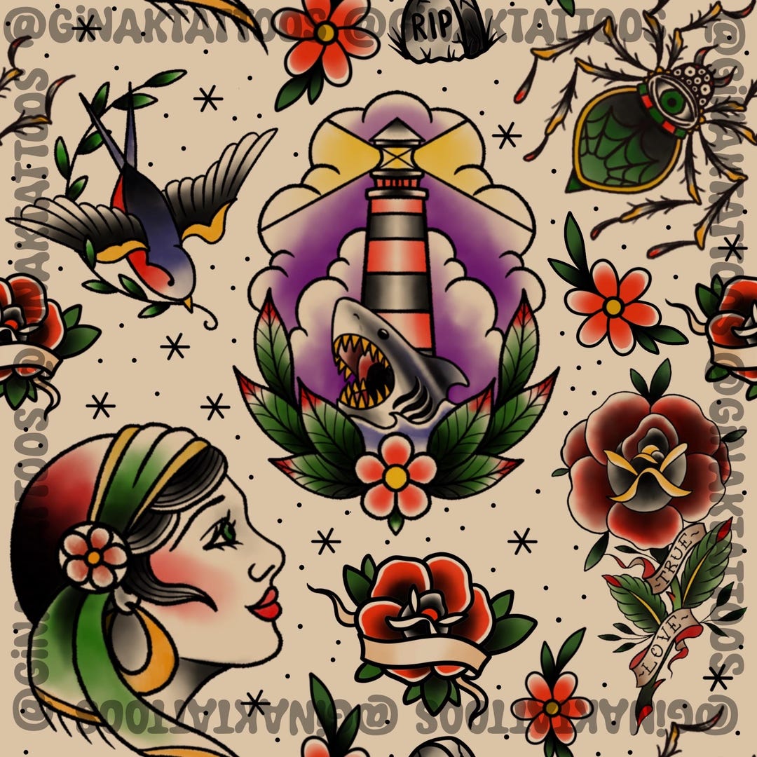 Trad Tattoo Flash Designs Repeat Seamless Pattern Wallpaper Wrapping ...