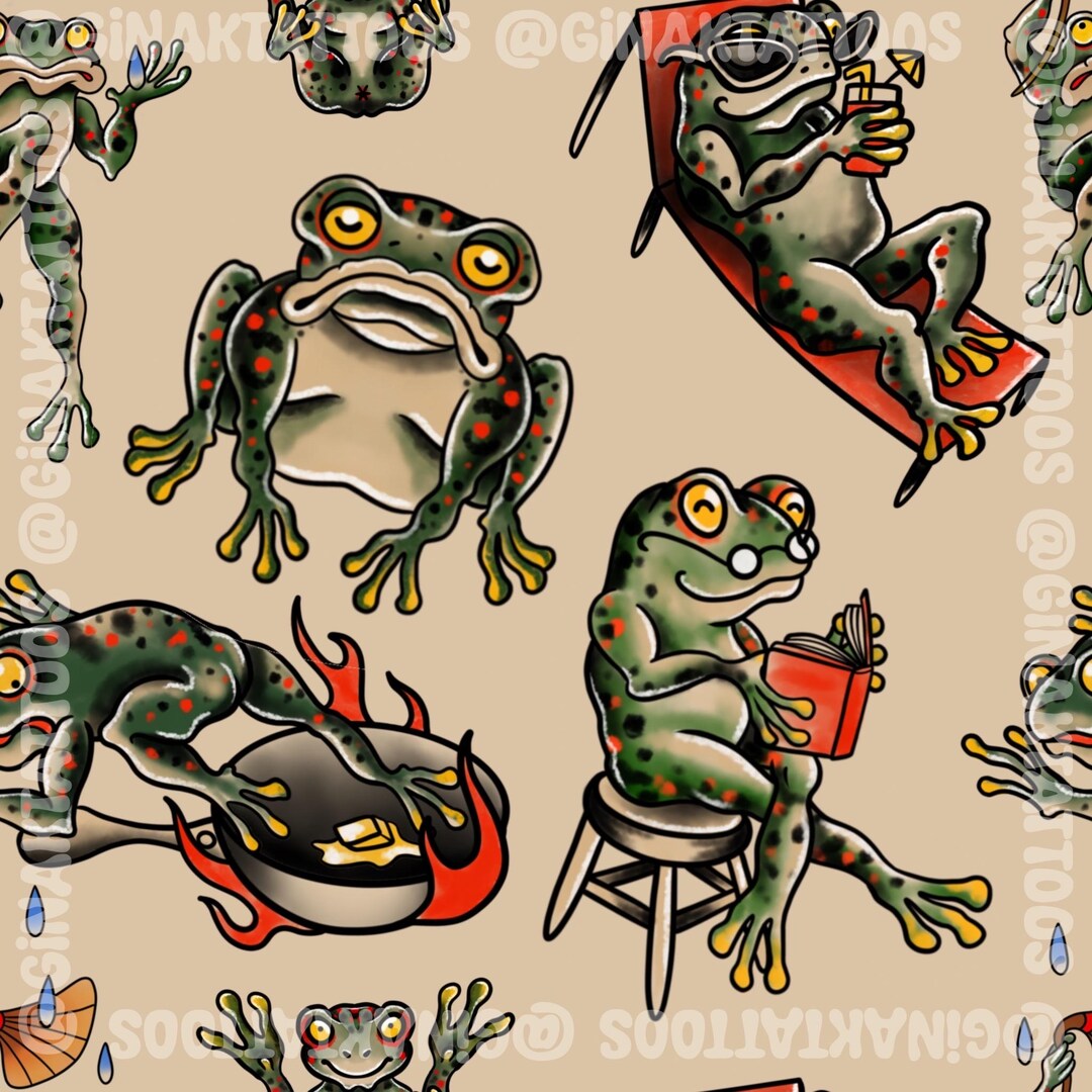 Frog Tattoo Flash Designs Repeat Seamless Pattern Wallpaper Wrapping ...