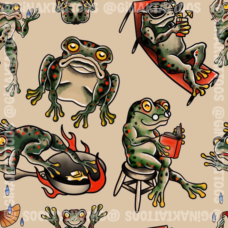 Frog Tattoo Flash Designs Repeat Seamless Pattern Wallpaper Wrapping ...