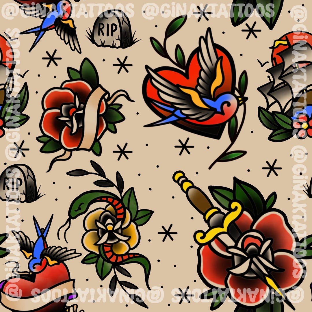 Trad Tattoo Flash Designs Repeat Seamless Pattern Wallpaper Wrapping ...