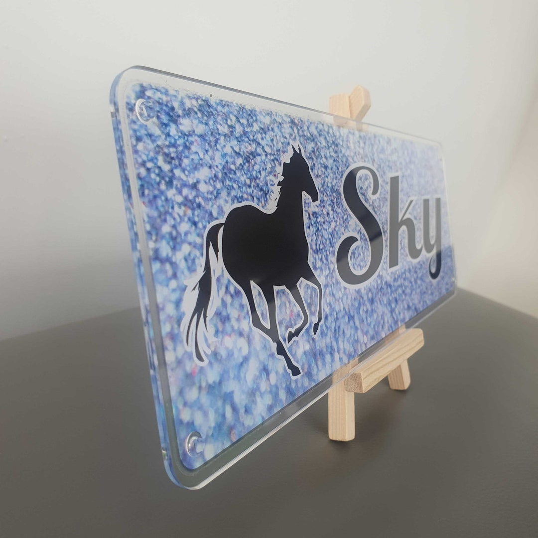 Sky Blue Sparkly Design Horse Name Plate, Black Writing Personalised ...
