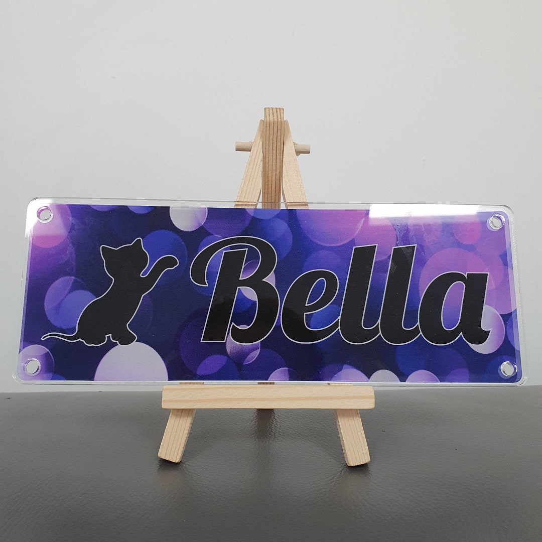 Personalised Kitten Cat Name Plate, 14 Background Colours With BLACK ...