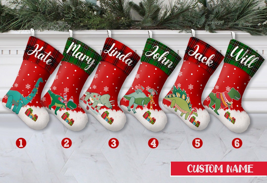 Personalized Christmas Dino Stockings,buffalo Plaid Christmas ...
