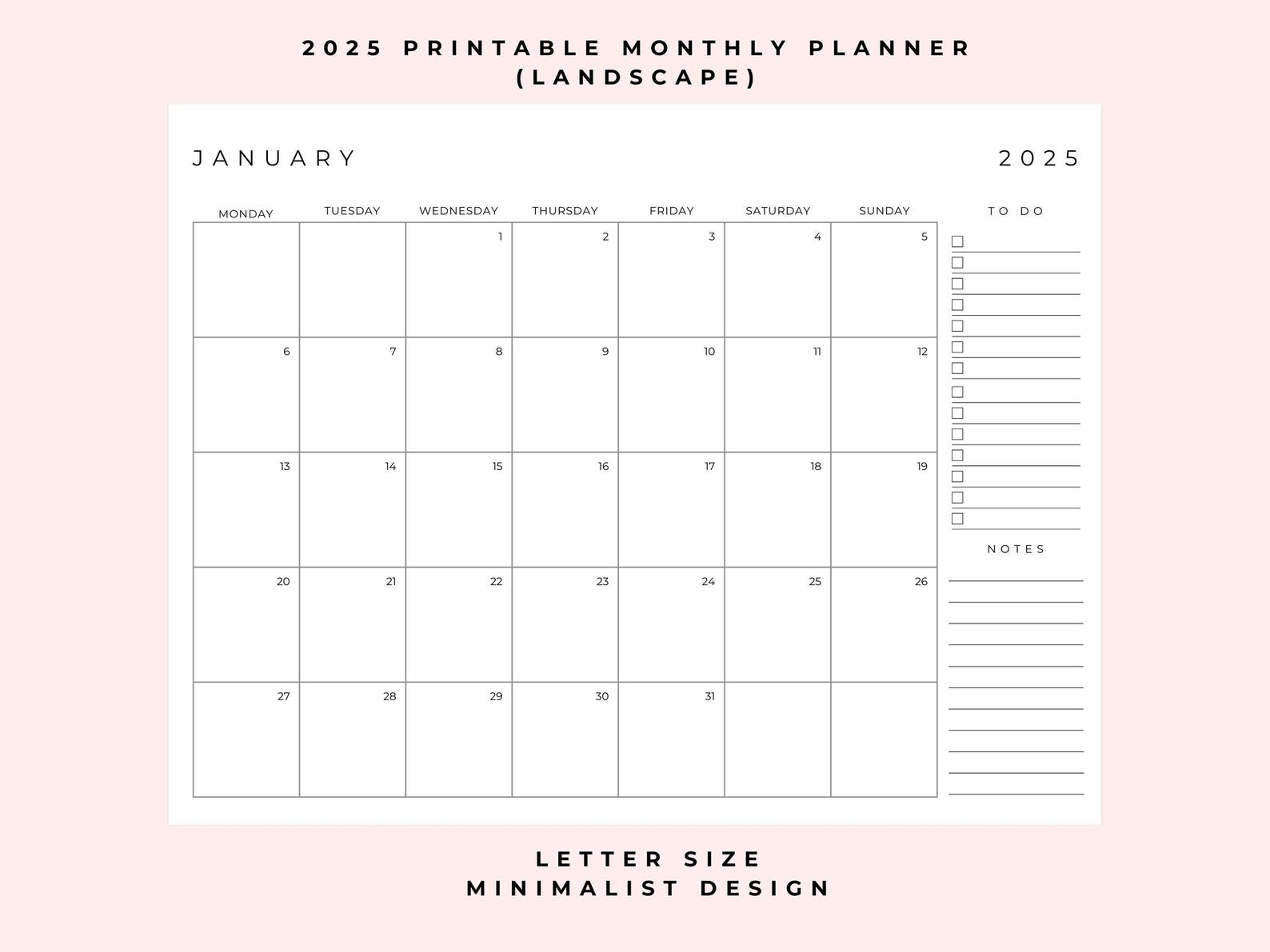 2025 Minimalist Monthly Printable Planner (landscape) - With To-do ...