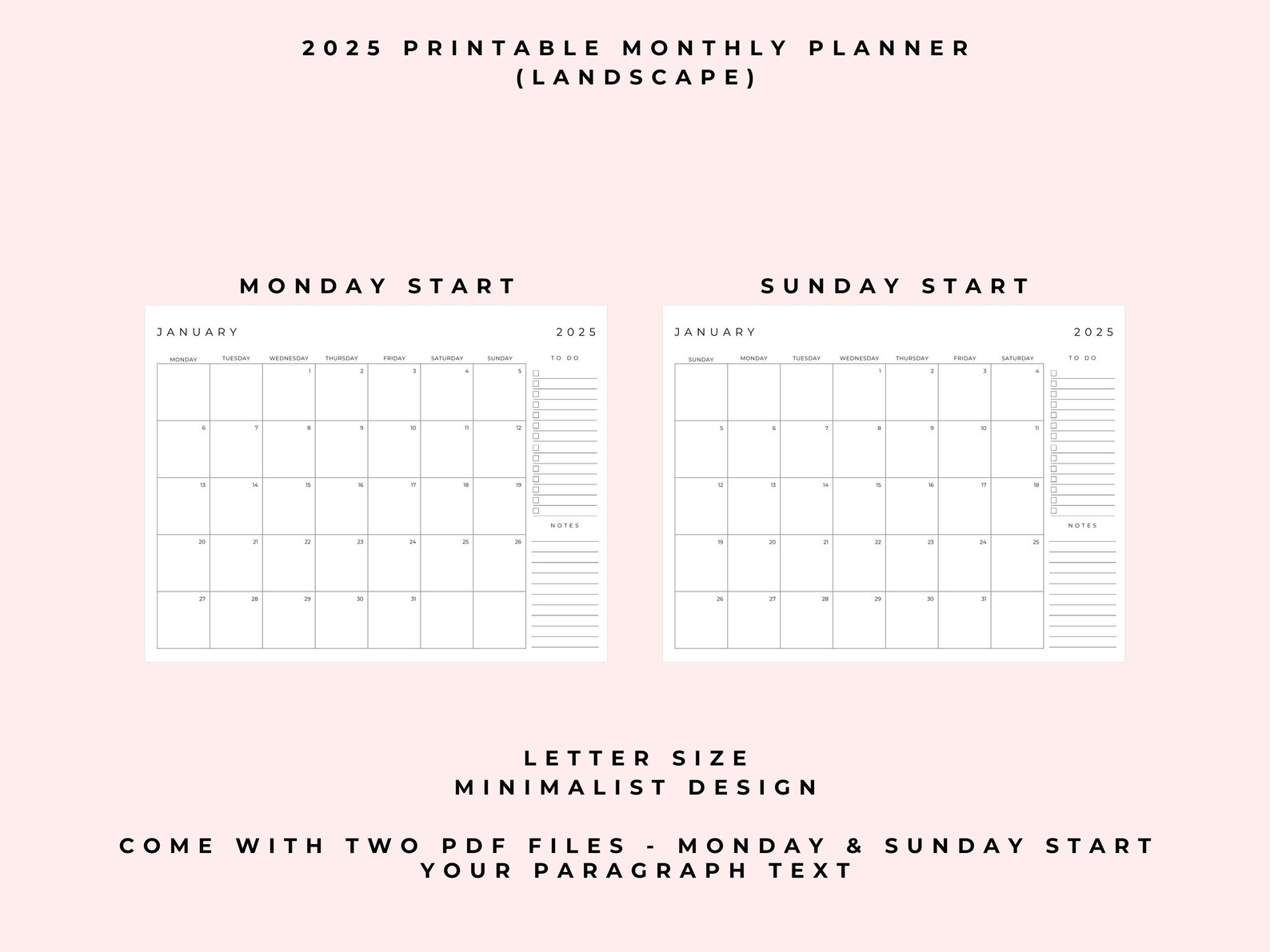 2025 Minimalist Monthly Printable Planner (landscape) - With To-do ...