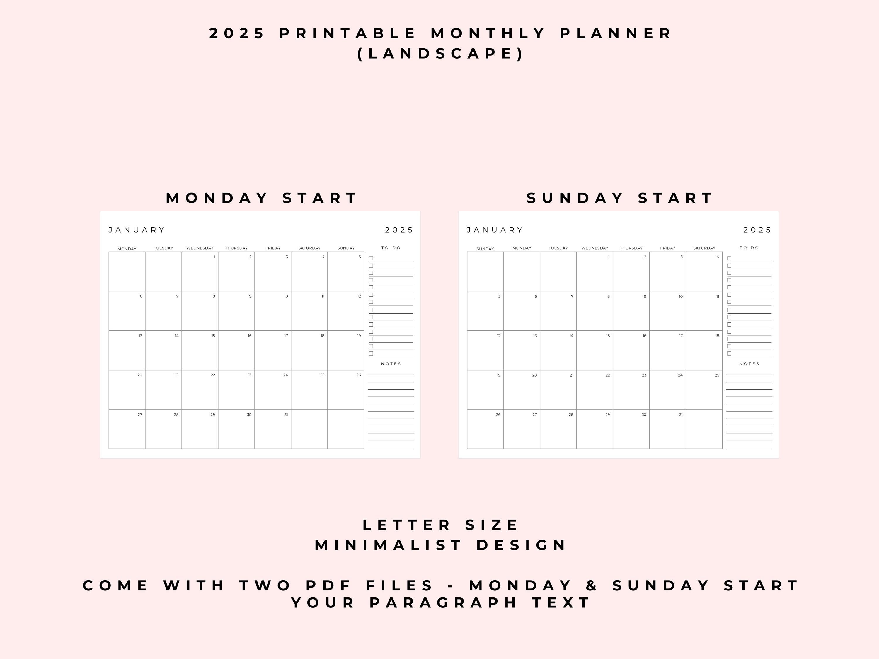 2025 Minimalist Monthly Printable Planner (landscape) - With To-do ...