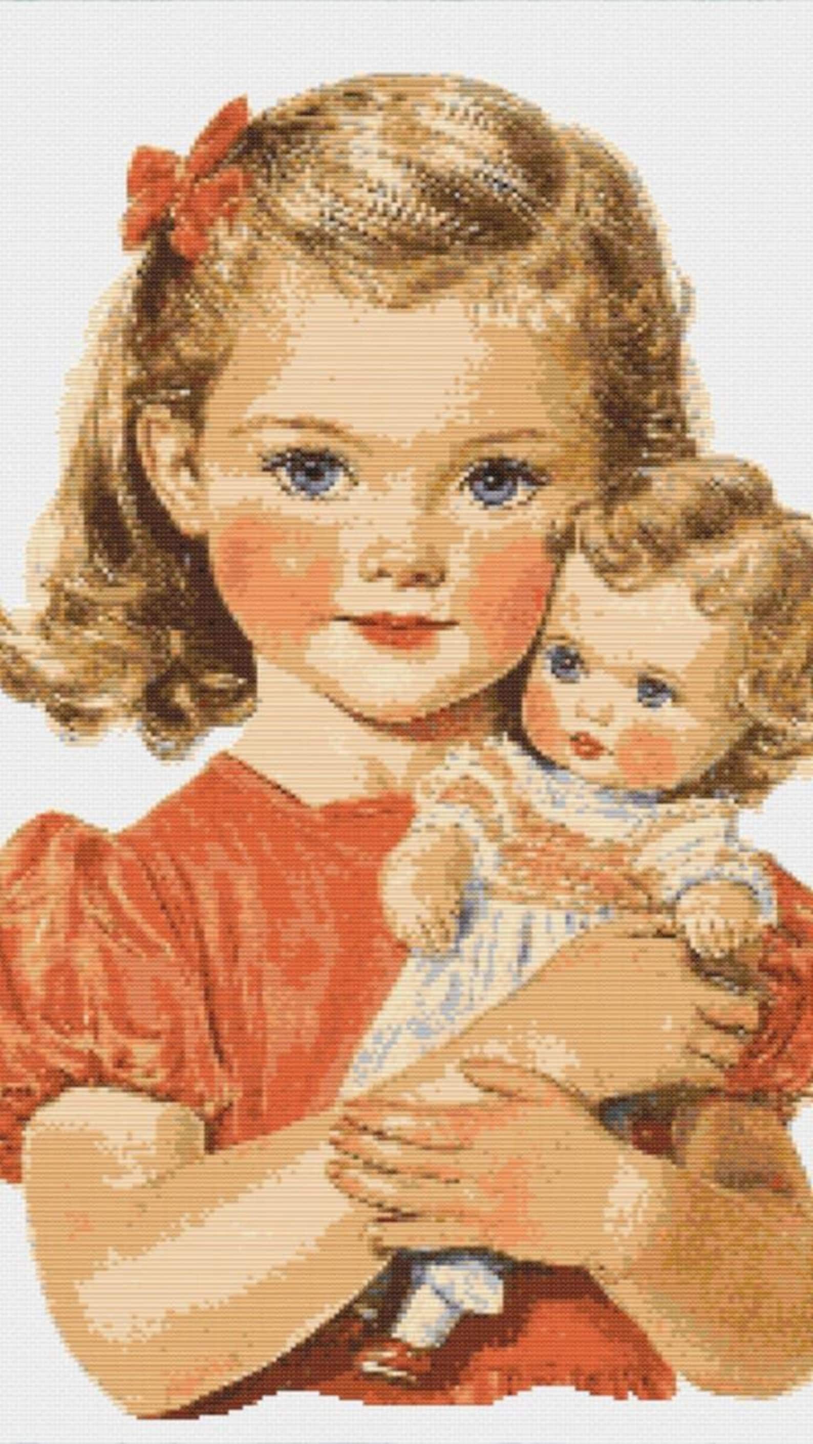 Little Girl Cross Stitch Pattern, Little Girl With Doll Cross Stitch ...