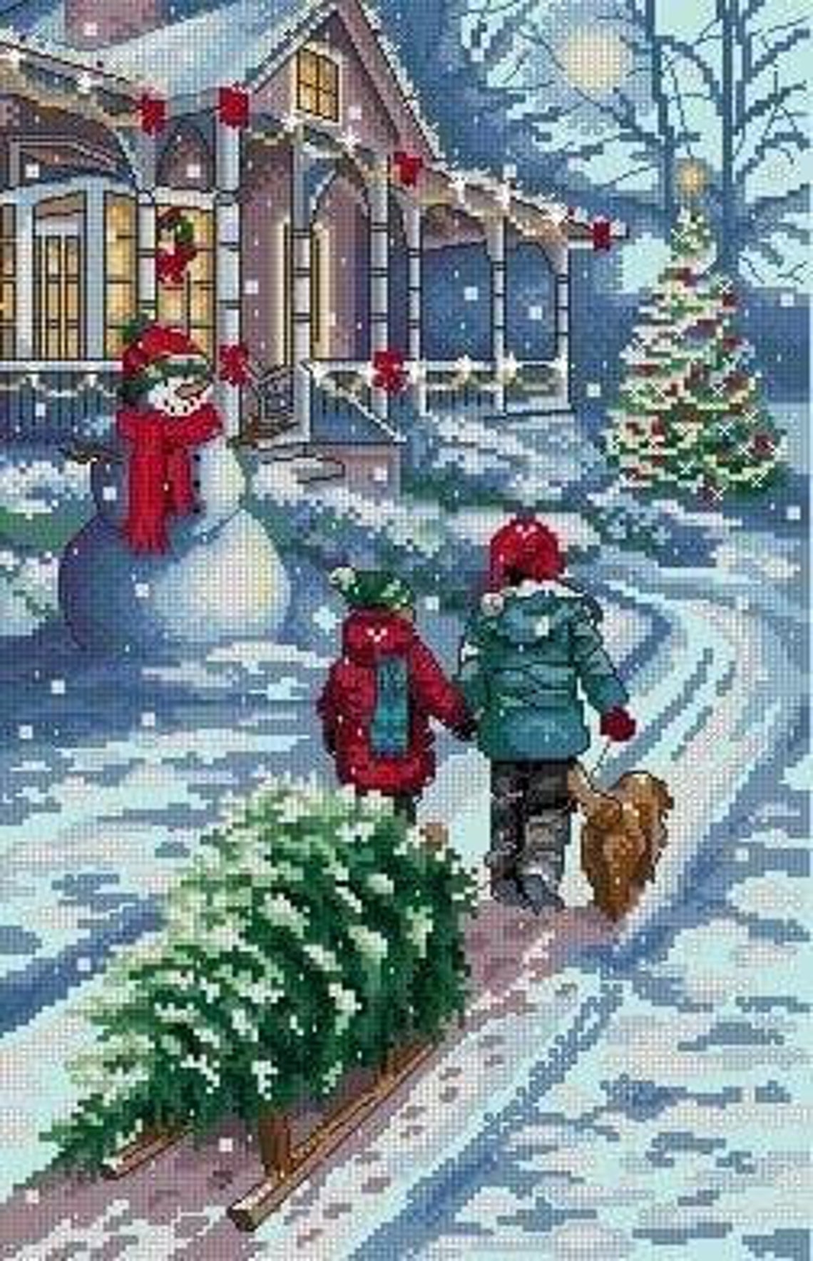 Christmas Cross Stitch Pattern, Snowman Cross Stitch, Children in Snow ...
