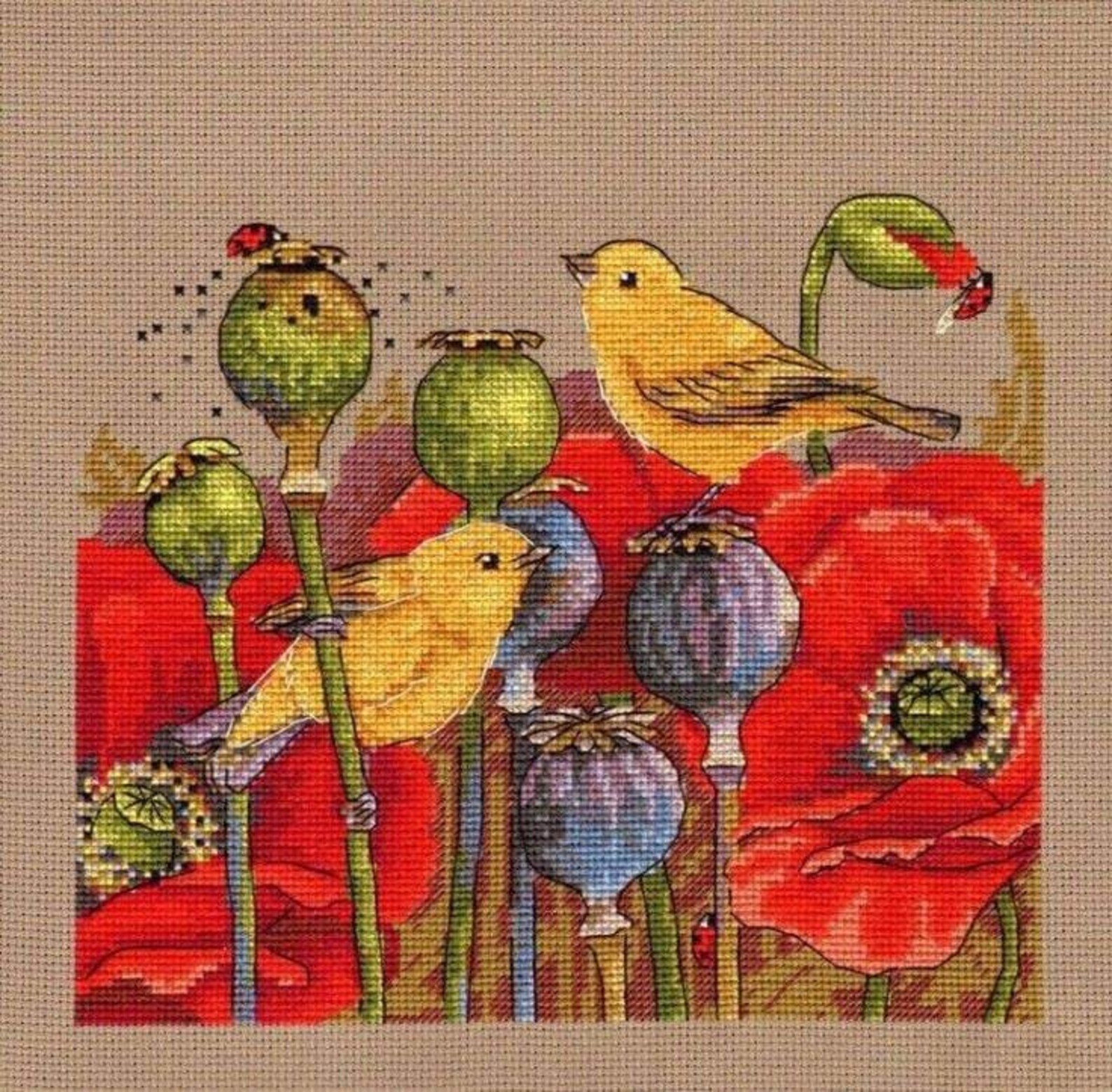 Birds on Poppies Cross Stitch Pattern, Flowers Cross Stitch Pattern ...